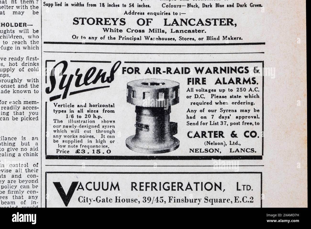 Advert for Syrens for air raid warnings in the Daily Mail (replica) 4th ...