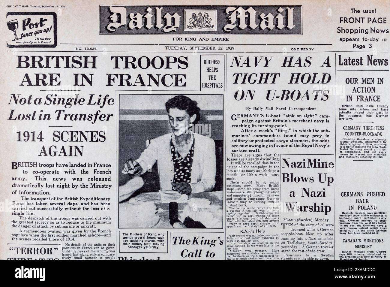 Front page of the Daily Mail (replica) 4th September 1939, on the ...