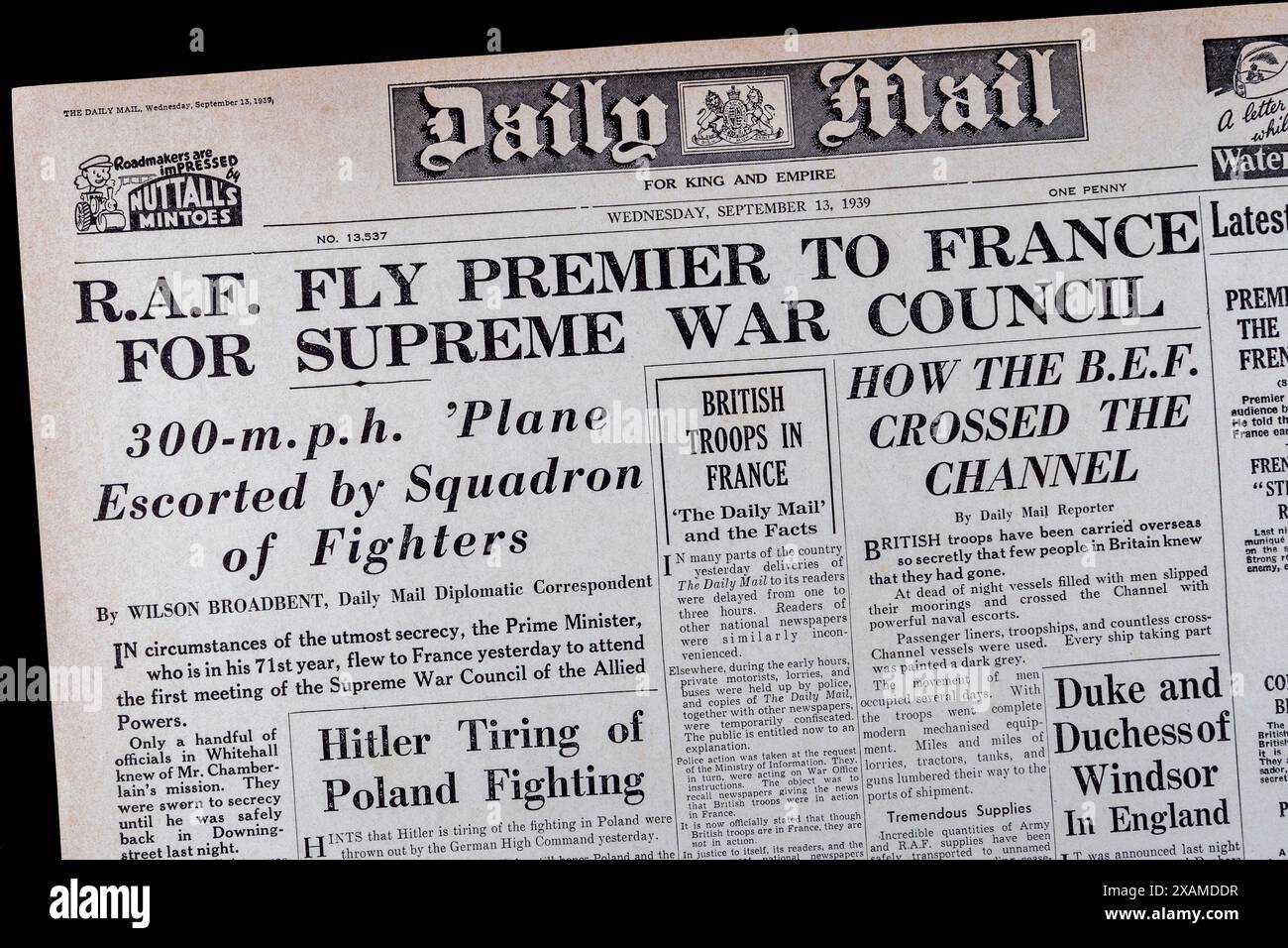 "RAF fly premier to France..." headline on the front page of the Daily ...