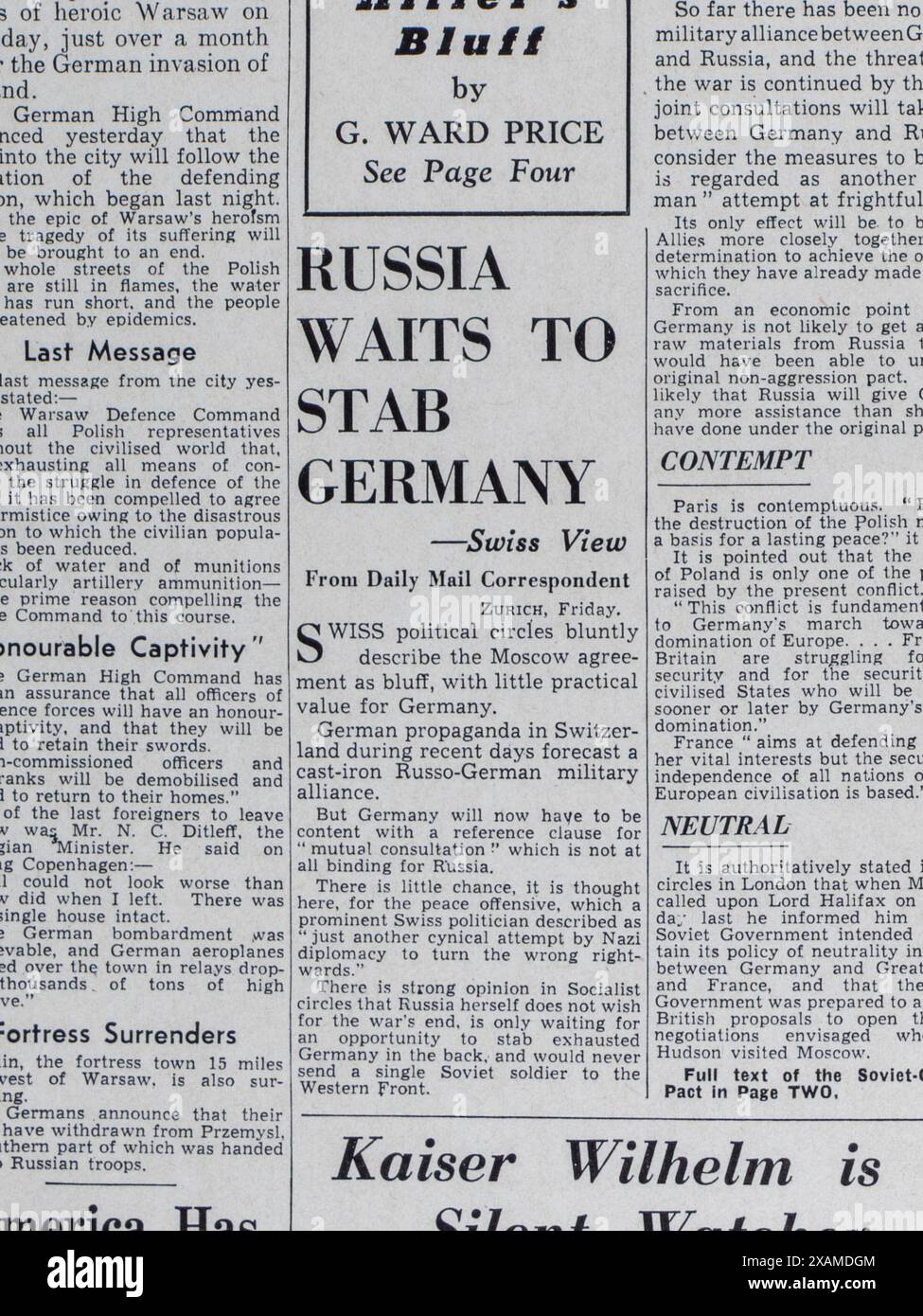 "Russia Waits to Stab Germany" headline and article in the Daily Mail ...