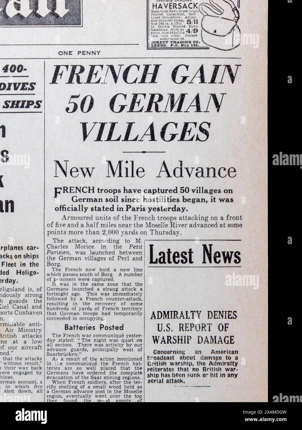 "French Gain 50 German Villages" headline and article in the Daily Mail ...