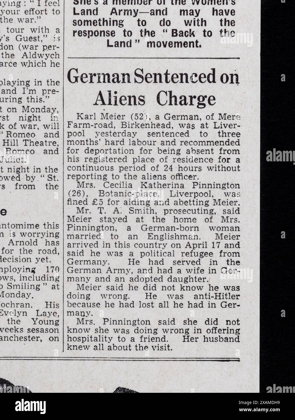 "German Sentenced on Aliena Charge" headline and article in the Daily ...