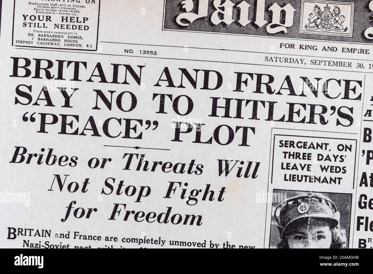 "Britain and France say no to Hitler's 'Peace' Plot" headline and ...