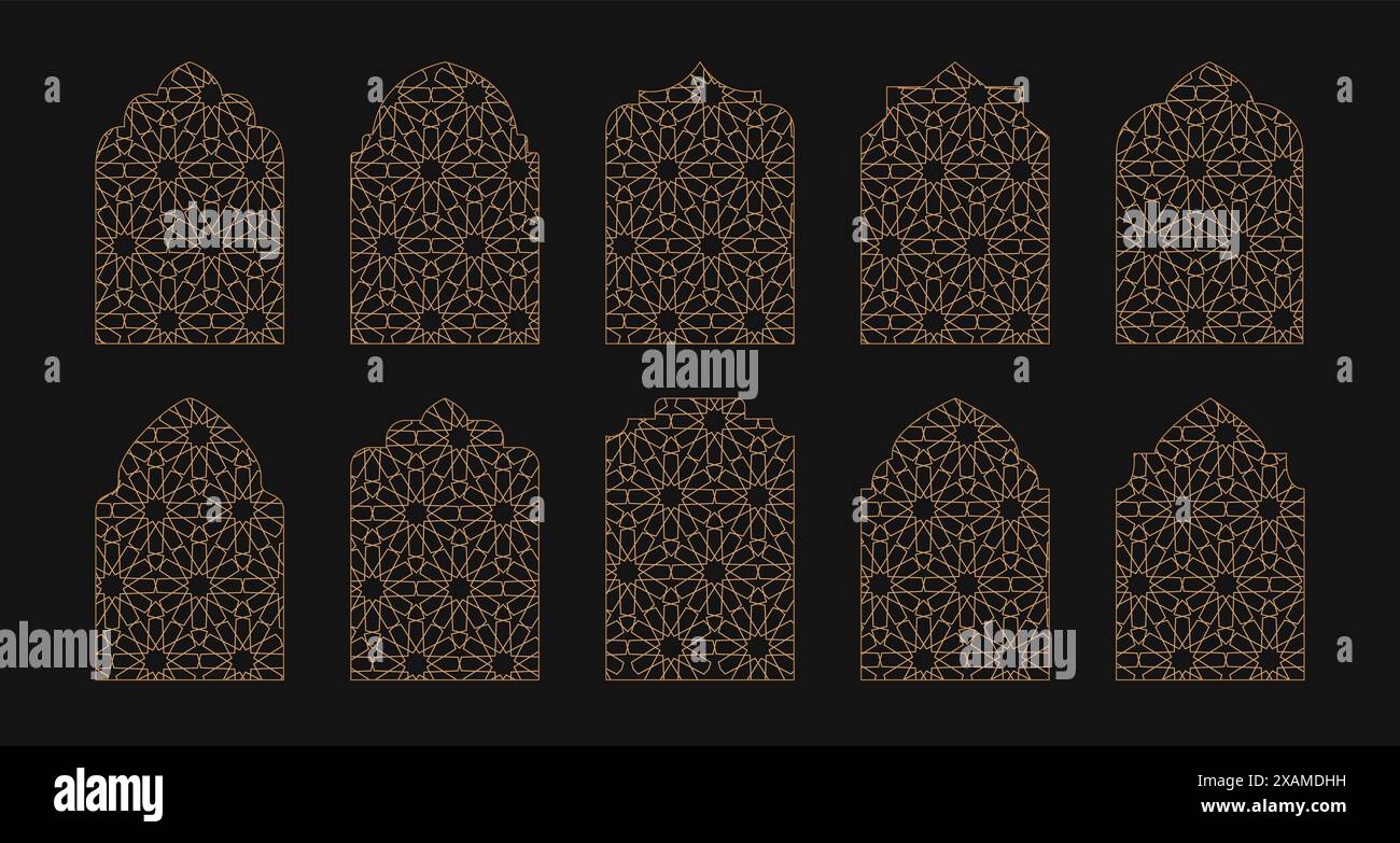 Oriental shape gold windows, doors with mashrabiya pattern. Arabian ...
