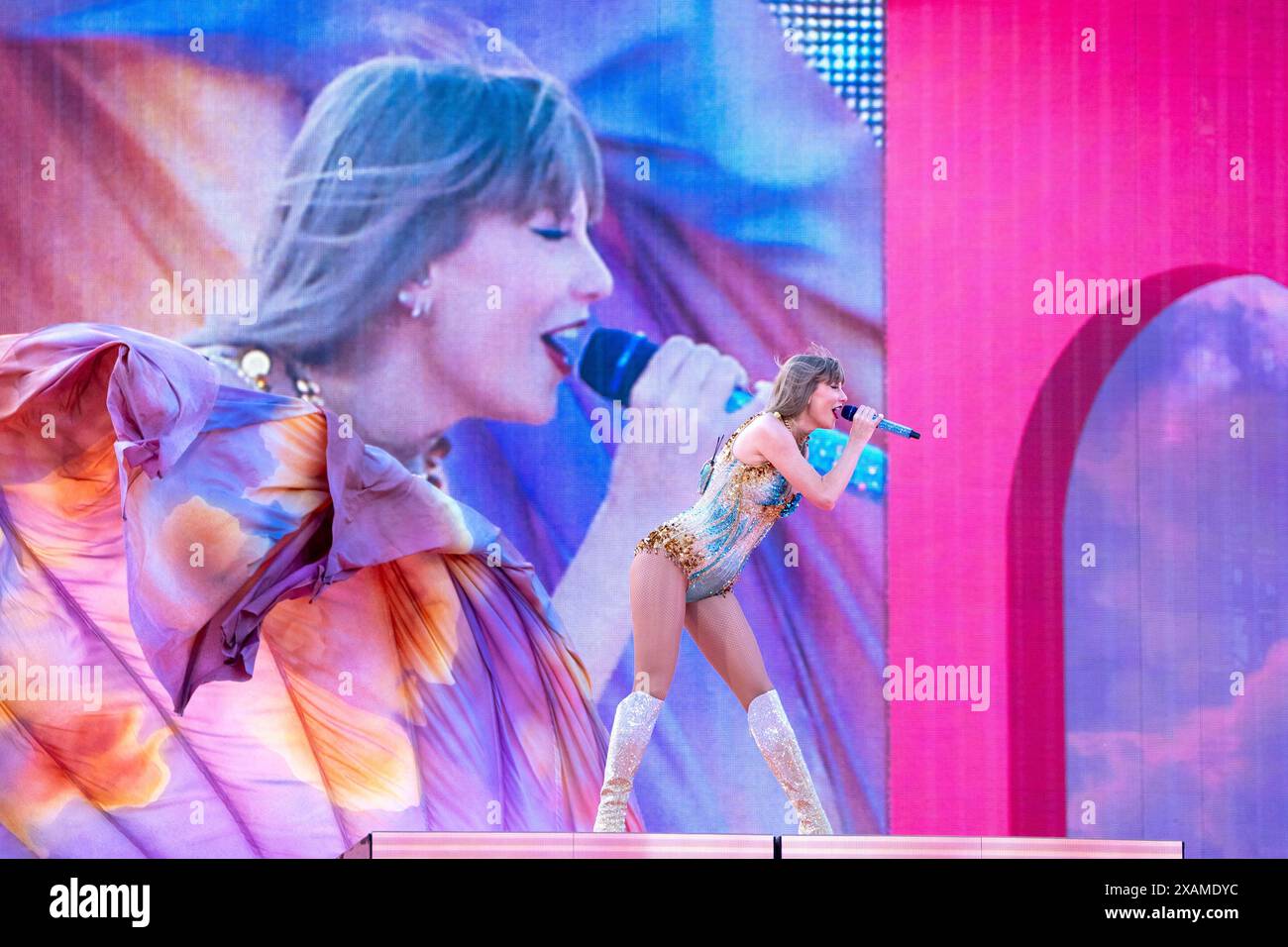 EDITORIAL USE ONLY Taylor Swift performs on stage during her Eras Tour ...
