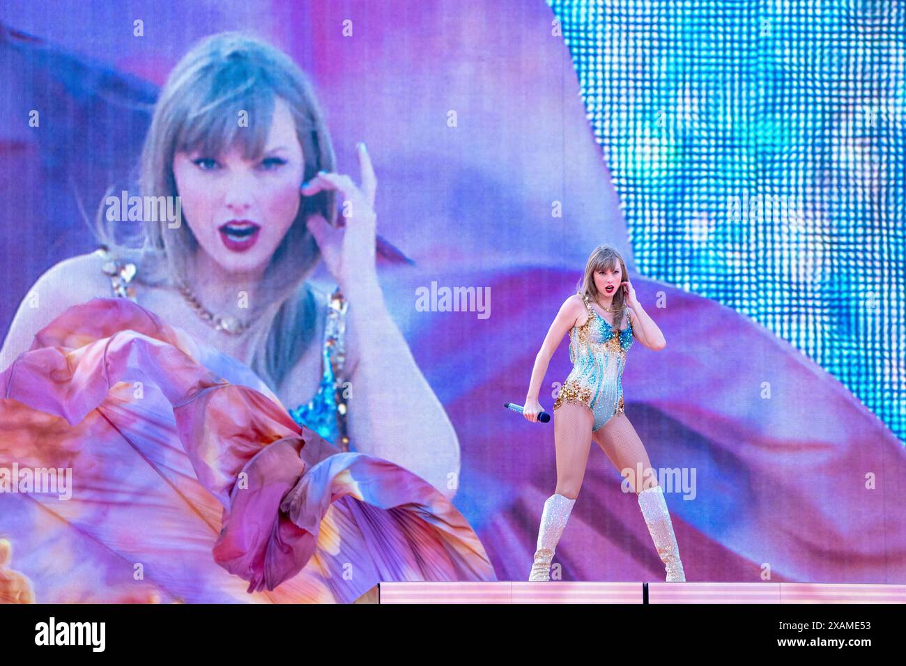 EDITORIAL USE ONLY Taylor Swift performs on stage during her Eras Tour ...