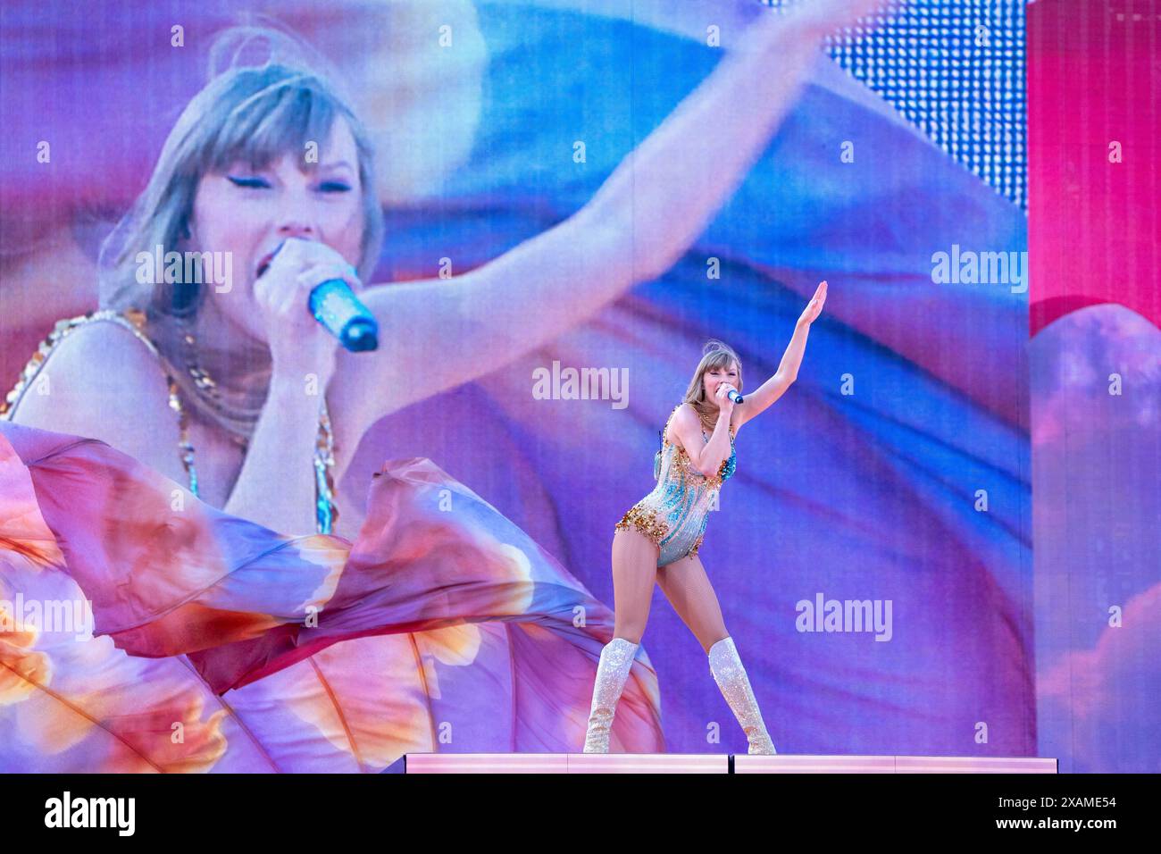 EDITORIAL USE ONLY Taylor Swift performs on stage during her Eras Tour ...