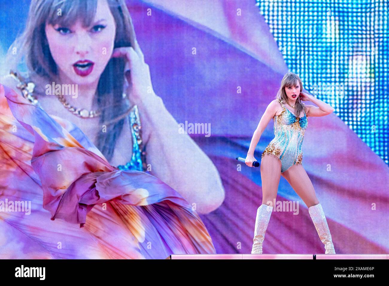 EDITORIAL USE ONLY Taylor Swift performs on stage during her Eras Tour ...