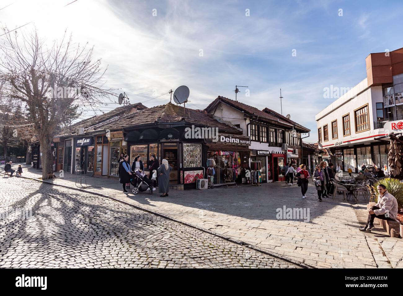 Prizren, Kosovo - 6 FEB 2024: Touristic stores and cafes around the ...