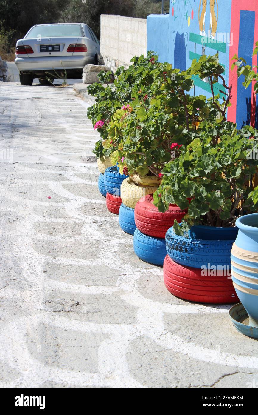 Car tyres as plant pots Stock Photo - Alamy