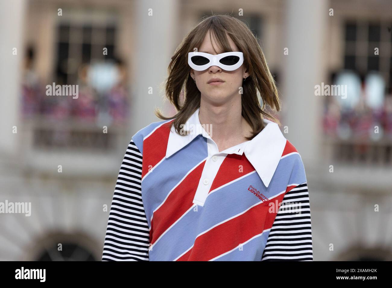 London, UK. Friday June 7, 2024. A model on the catwalk at the Charles ...