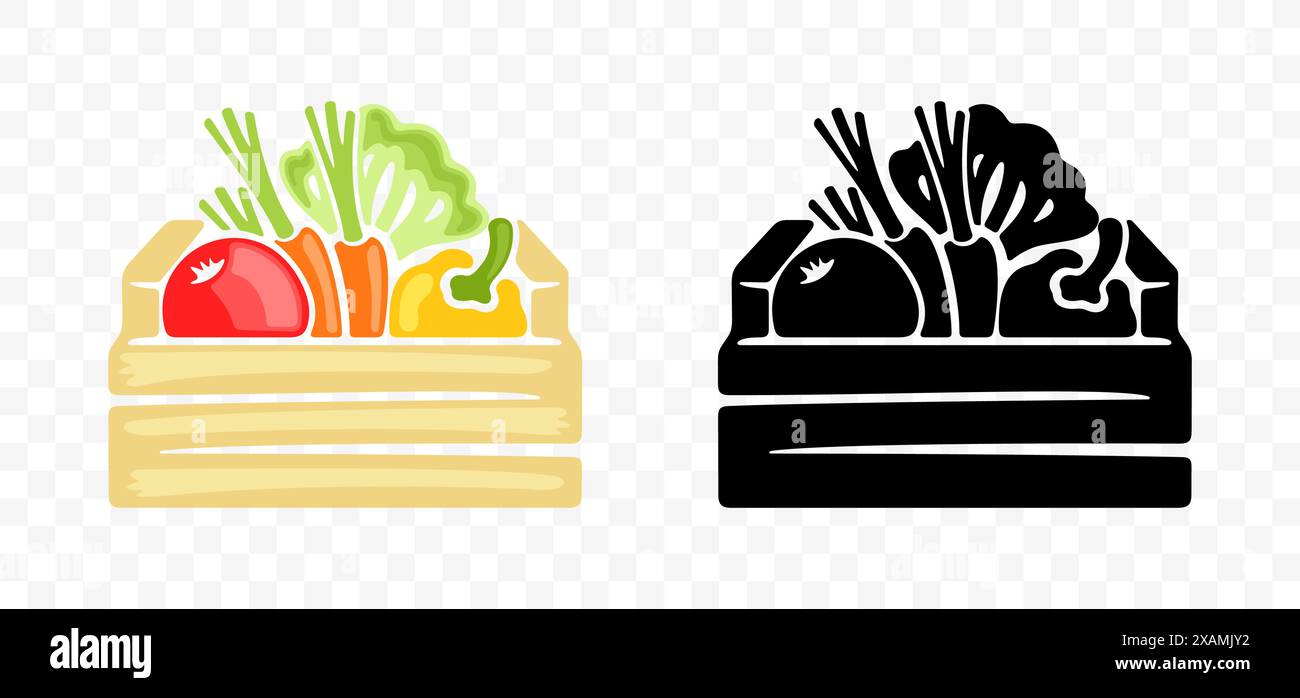 Wooden box with vegetables and fruits, graphic design. Food, meal ...