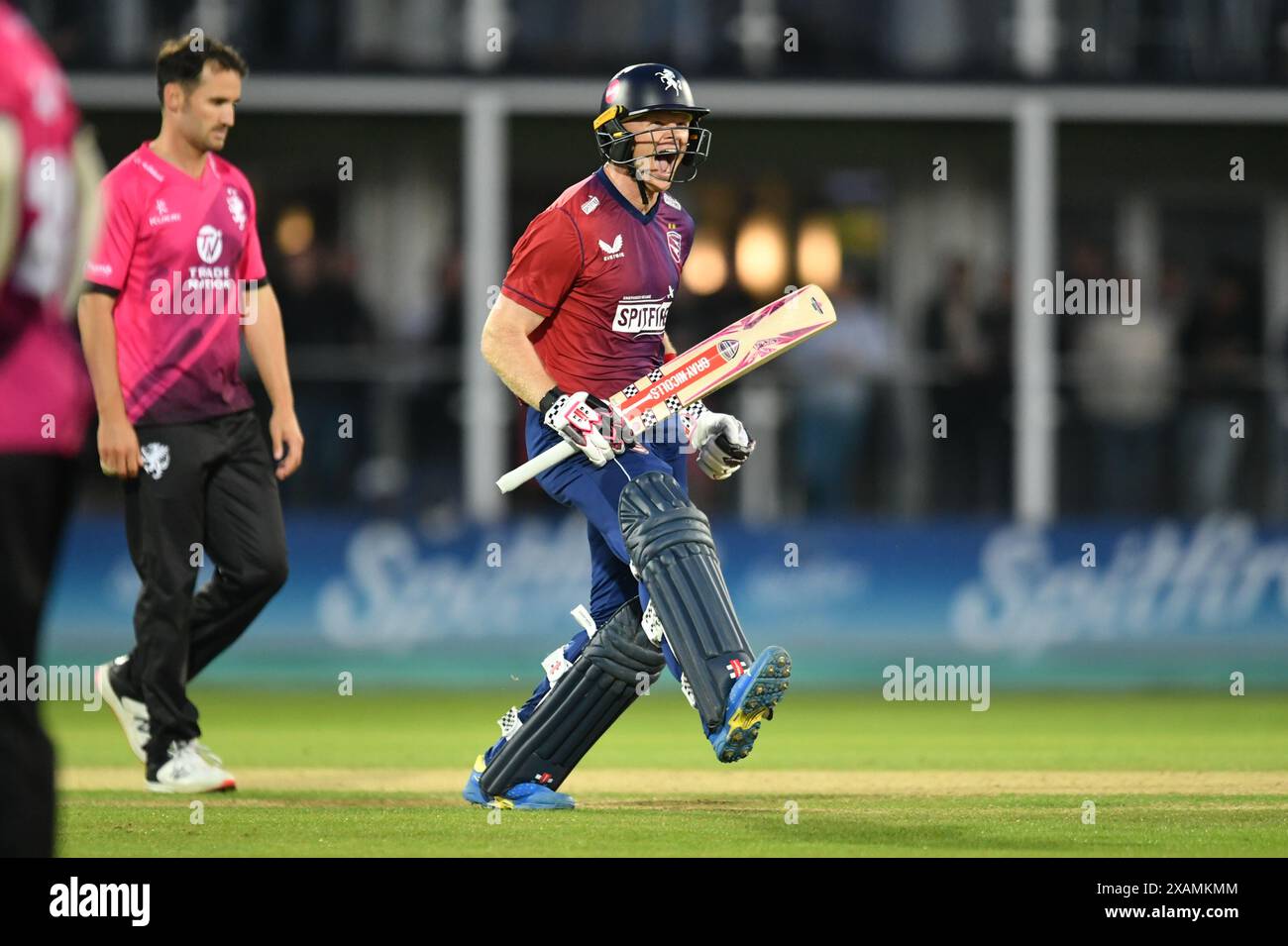 Canterbury, England. 7th Jun 2024. Sam Billings celebrates scoring a ...