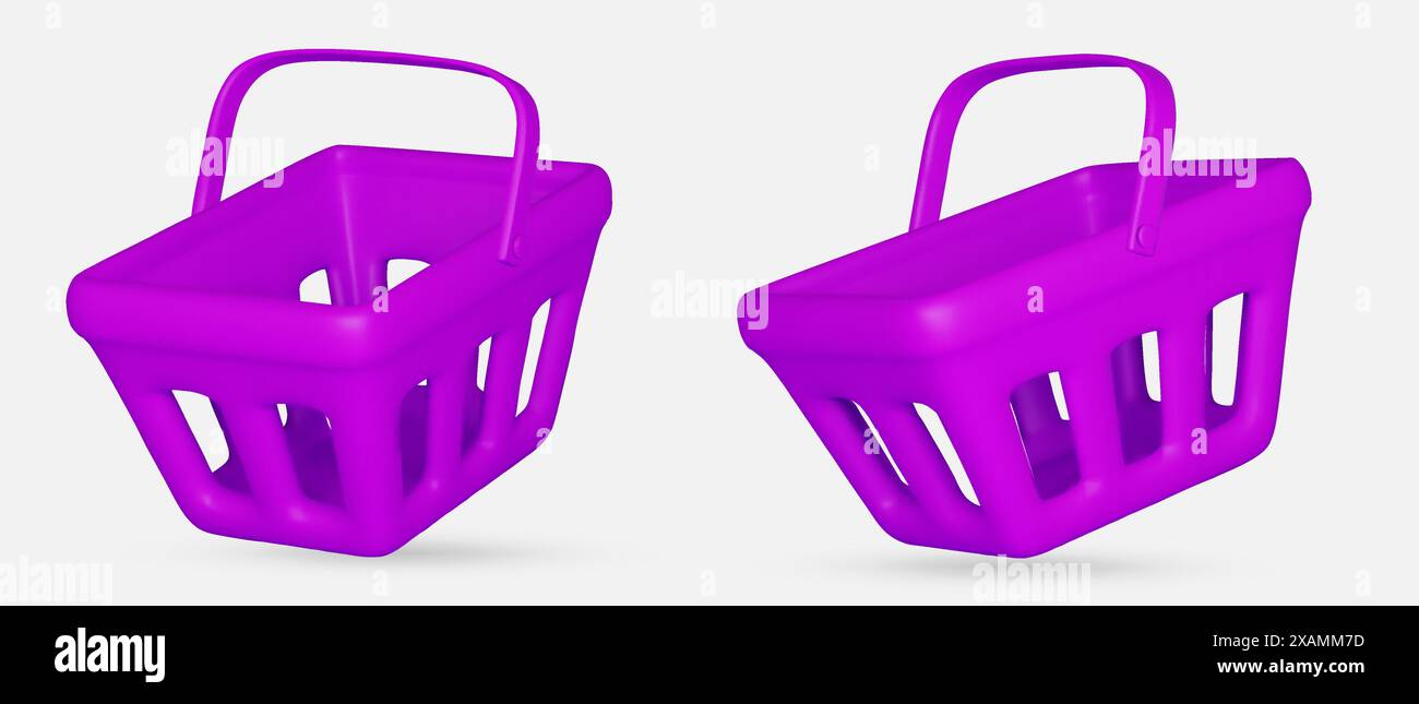 Set of 3d realistic violet plastic shopping cart isolated on white ...