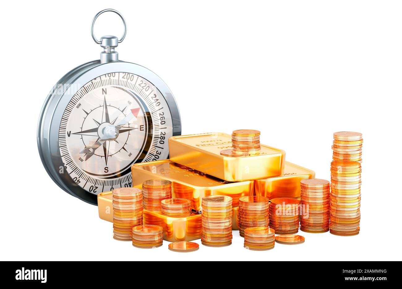 Compass with gold ingots and golden coins. 3D rendering isolated on ...