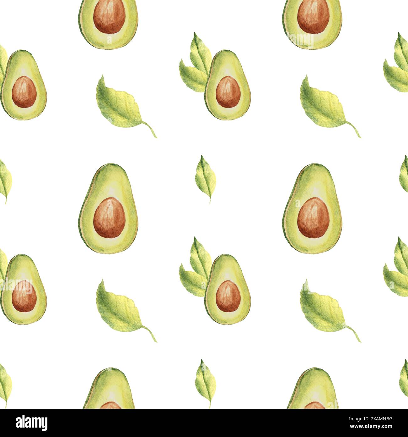 Watercolor Seamless Pattern of ripe avocado halves and leaves on a ...