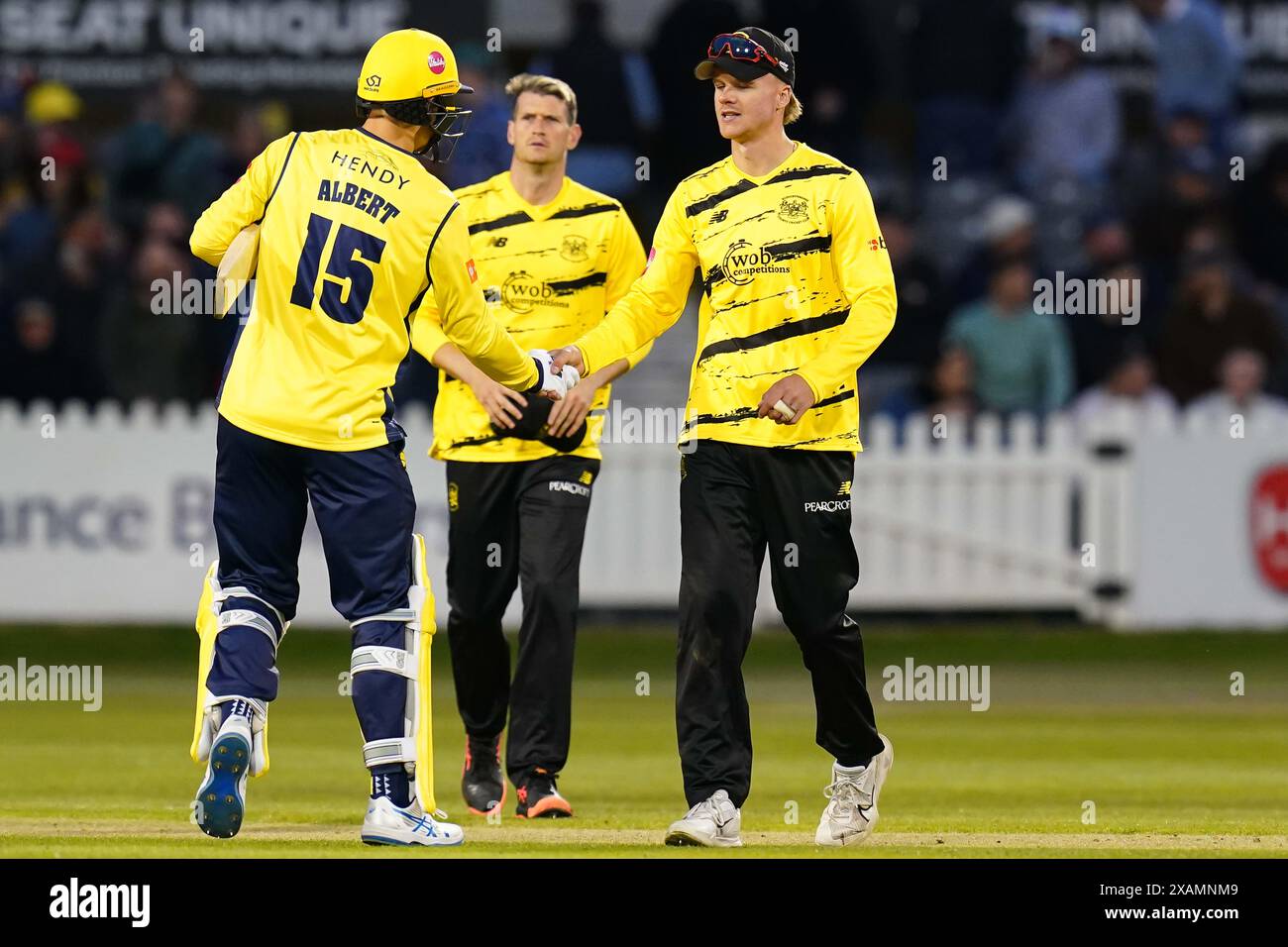 Bristol, UK, 7 June 2024. Hampshire's Toby Albert shakes hands with ...