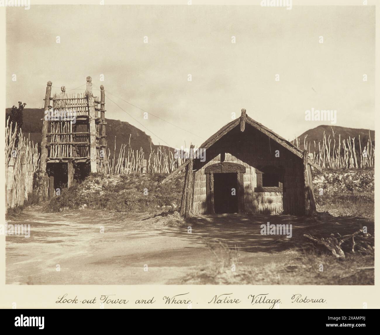 Look-out tower and whare, native village, Rotorua. From the album: Record pictures of New ...