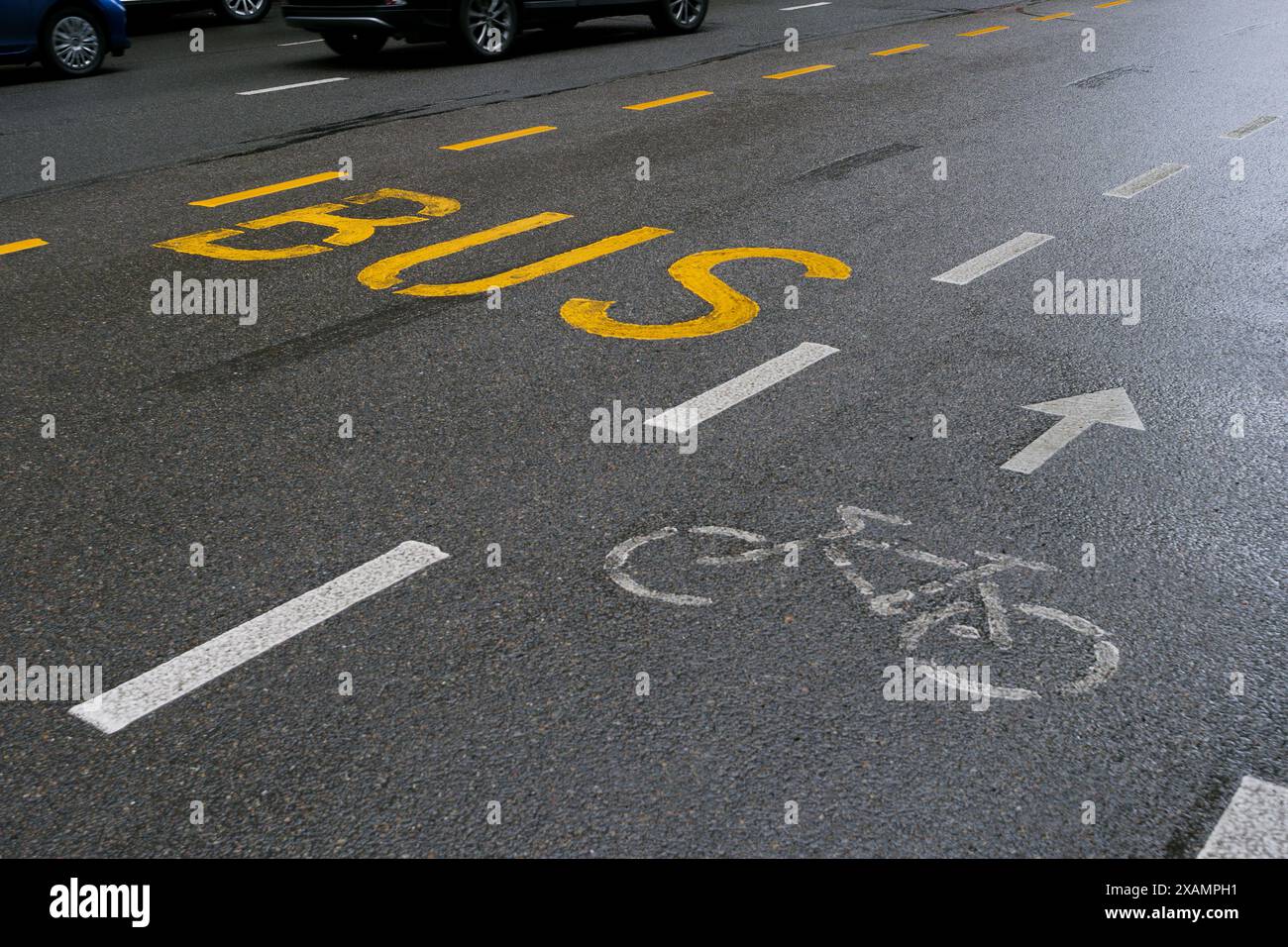 A paved city street with yellow markings designating a bus lane and ...