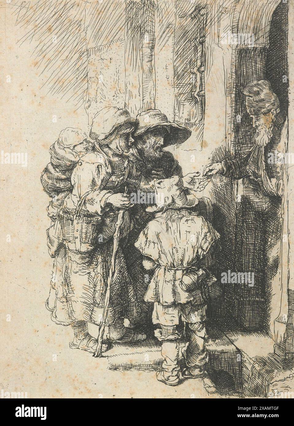 A blind hurdy-gurdy player and family receiving alms, reverse copy ...