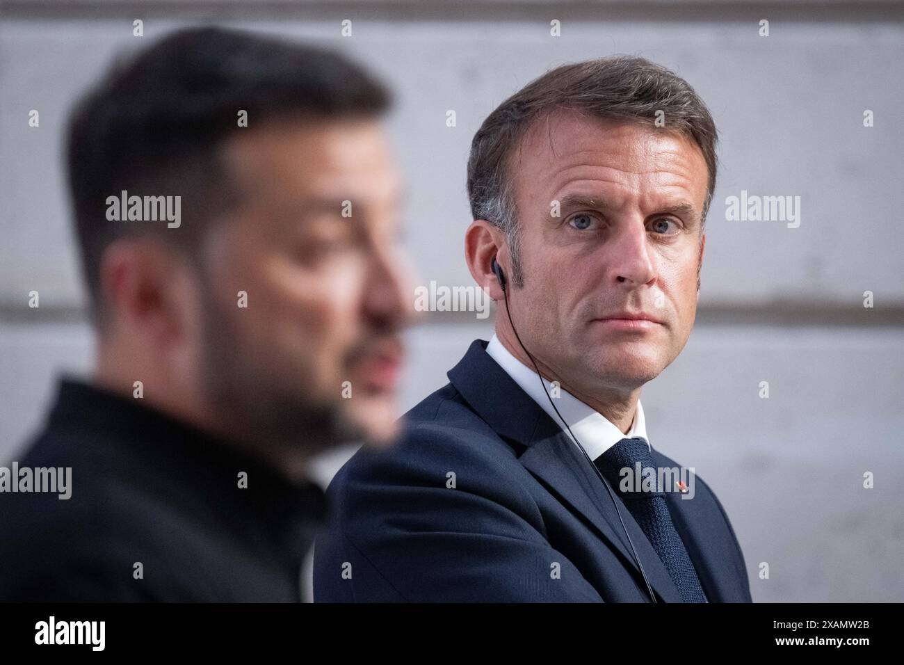 Paris, France. 07th June, 2024. Ukrainian President Volodymyr Zelensky and French President ...