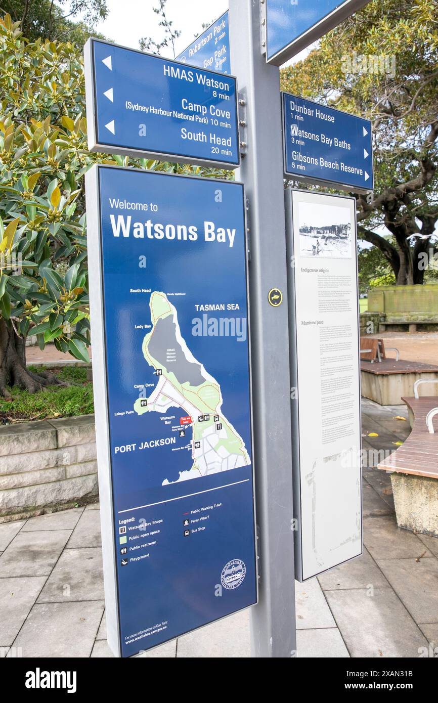 Watsons Bay in Sydney harbour, council visitor information sign with ...