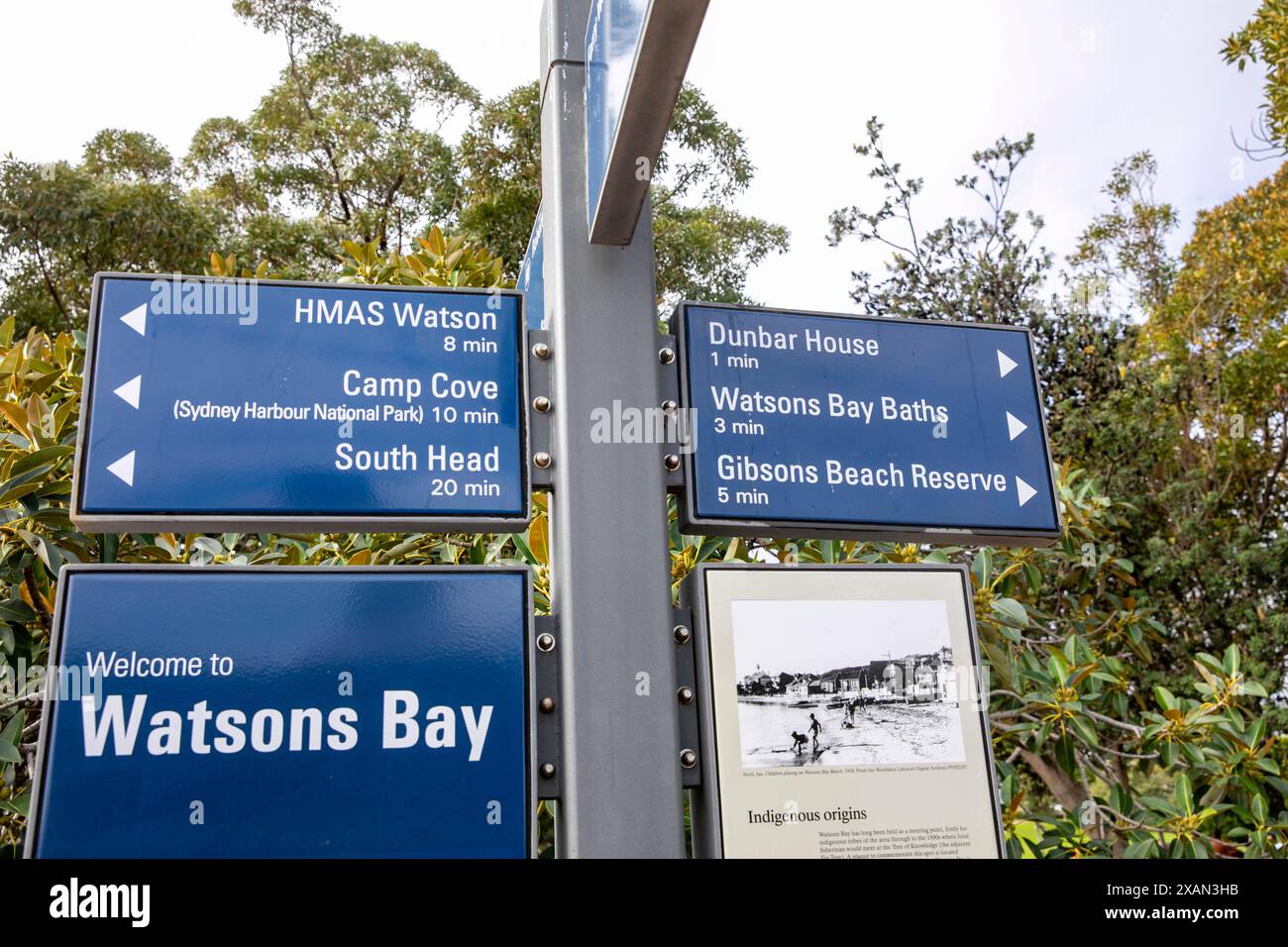 Watsons Bay in Sydney harbour, council visitor information sign with ...