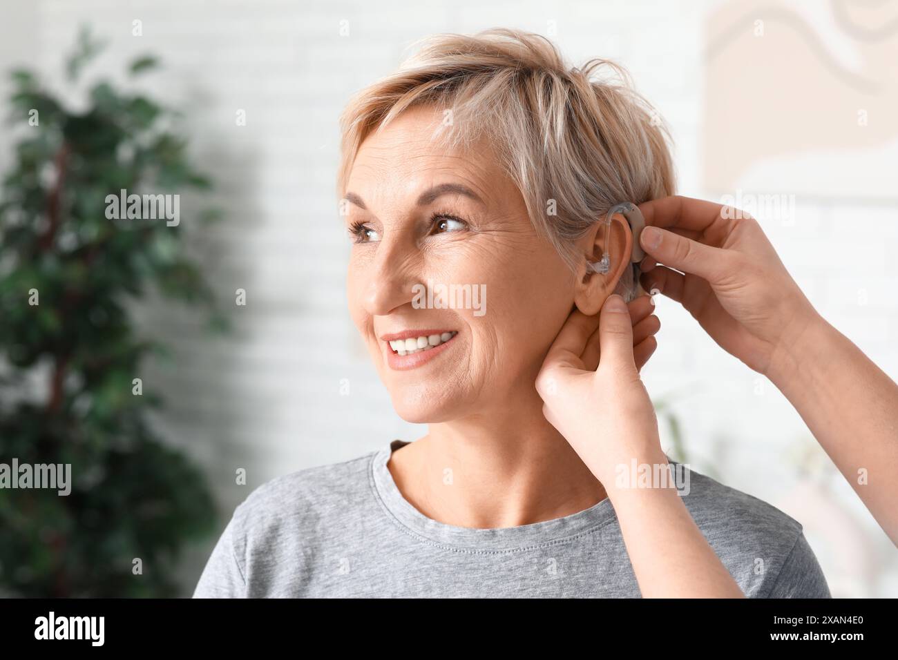 Young woman putting hearing aid in mature woman's ear in room Stock ...