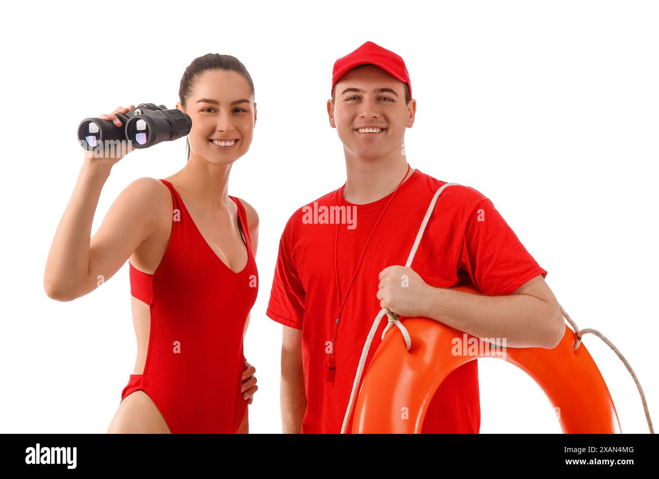 Lifeguards with ring buoy and binoculars isolated on white background ...