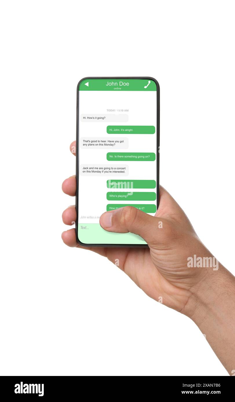 Man texting via mobile phone on white background, closeup. Device ...