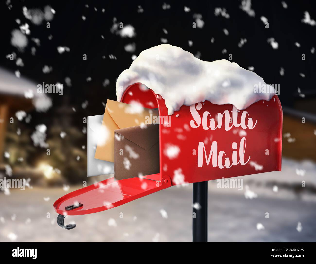 Mailbox with letters for Santa Claus under falling snow outdoors ...