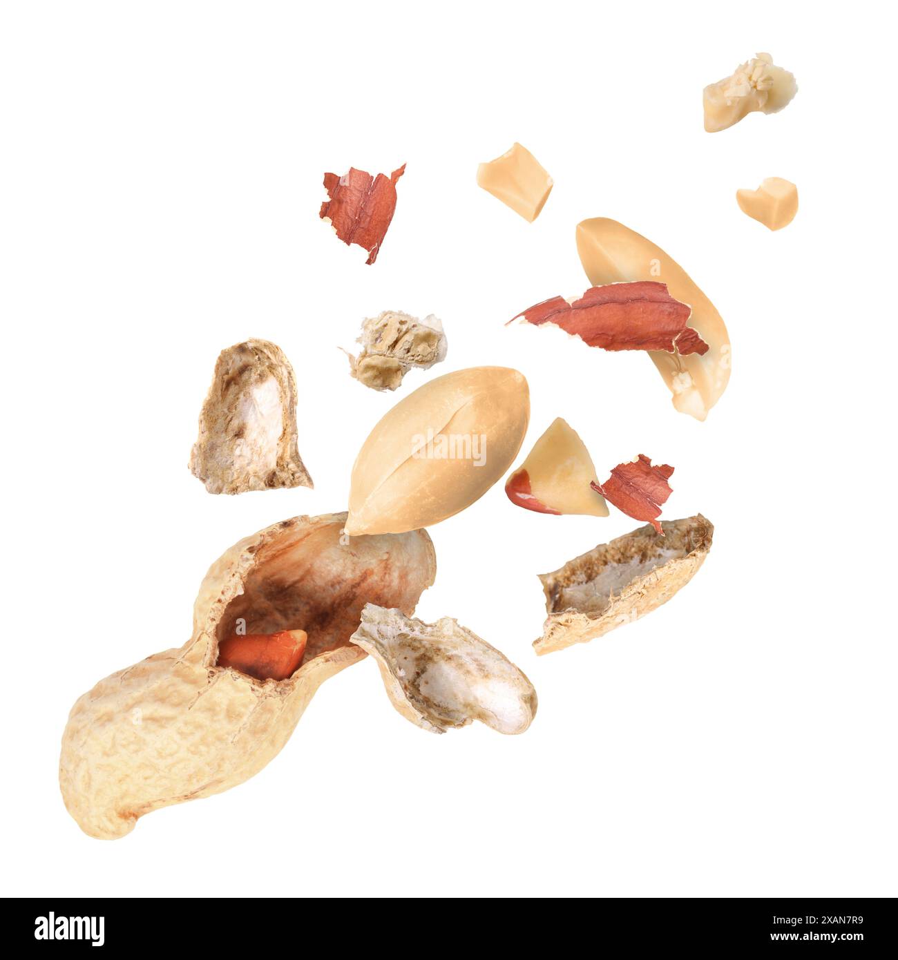Peanuts and crushed pod in air on white background Stock Photo - Alamy