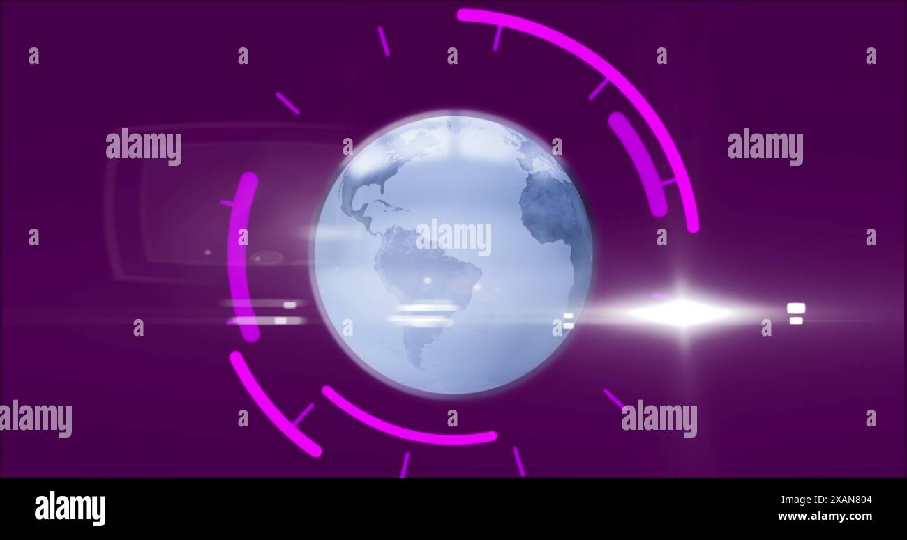 Image of globe over data processing and scope scanning on black background, copy space Stock ...