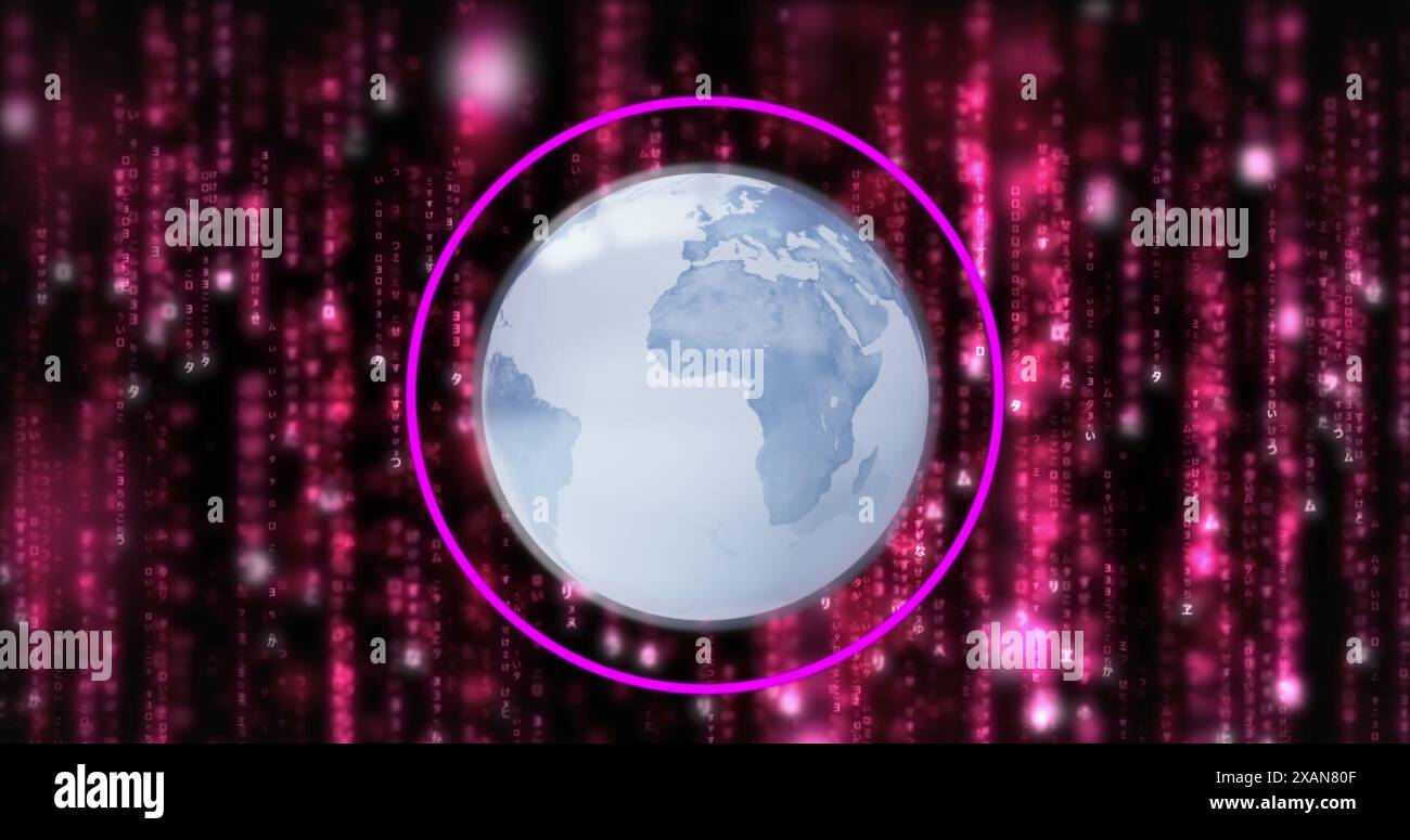 Image of globe over data processing and scope scanning on black background, copy space Stock ...