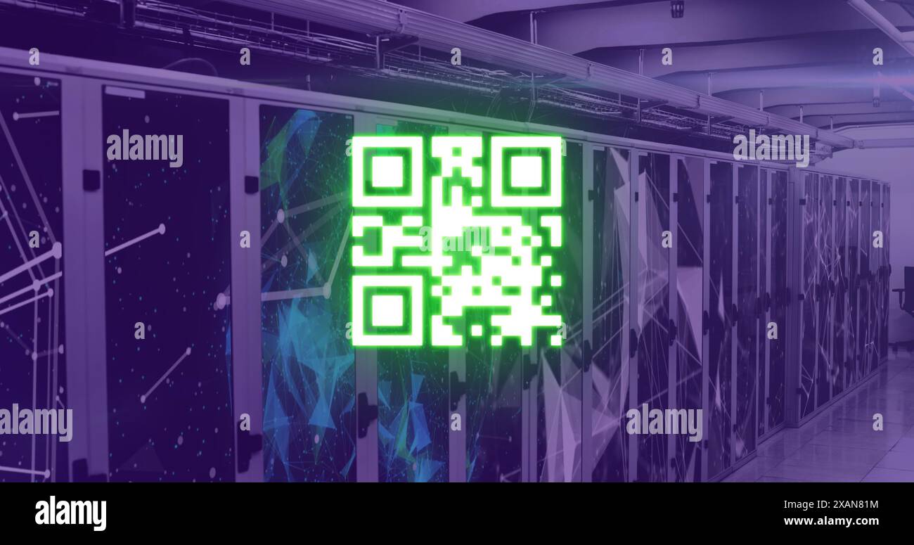 Image of neon qr code over server room in violet Stock Photo - Alamy