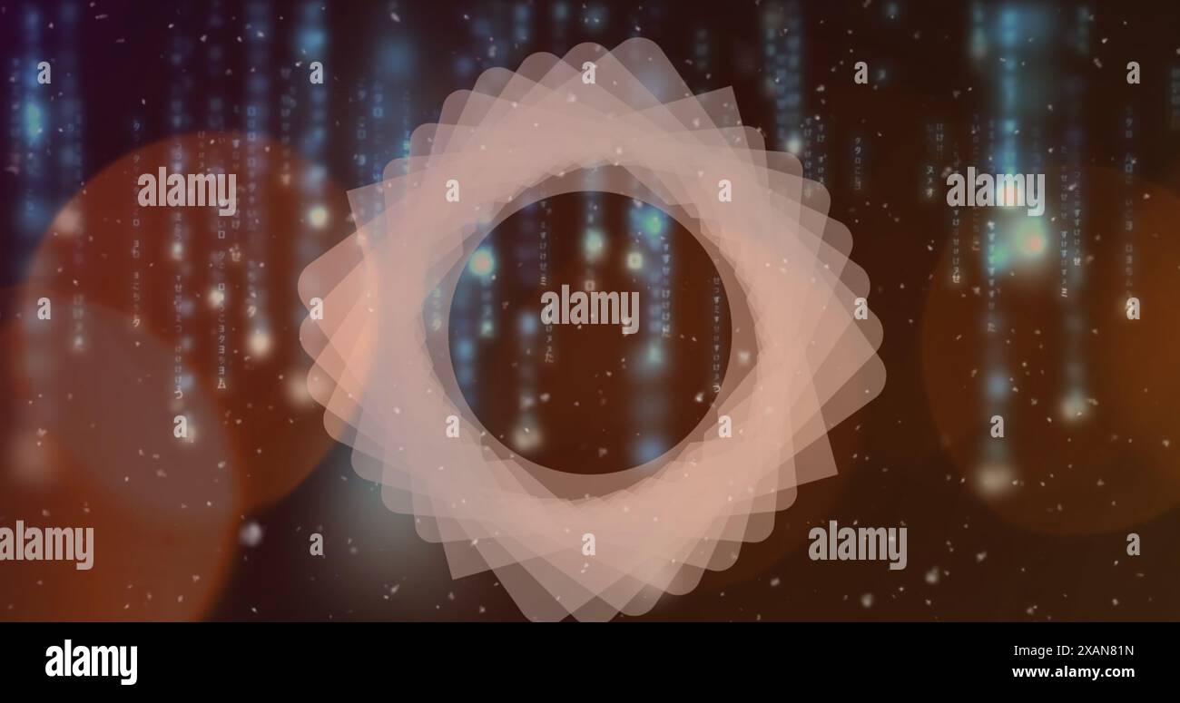 Image of shapes over data processing and snow falling on black background, copy space Stock ...