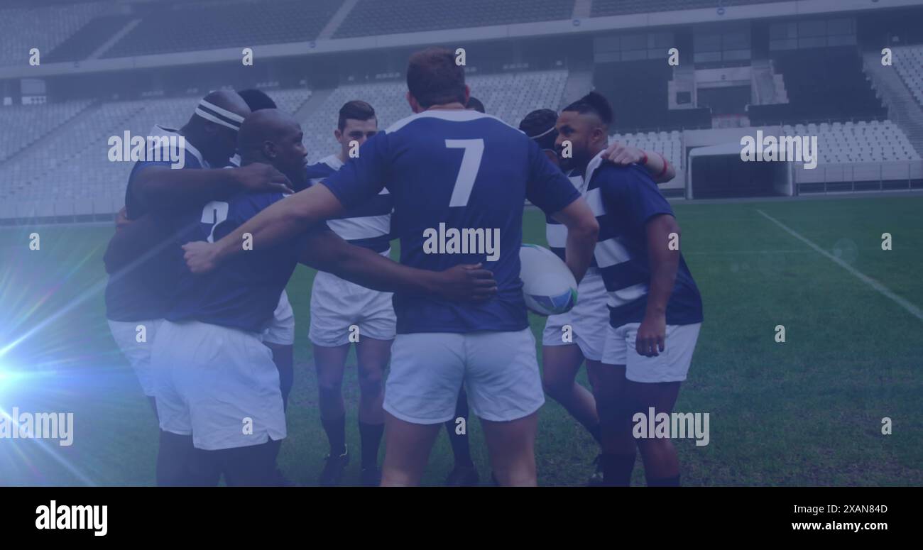 Image of glowing lights over diverse rugby players in sports stadium ...