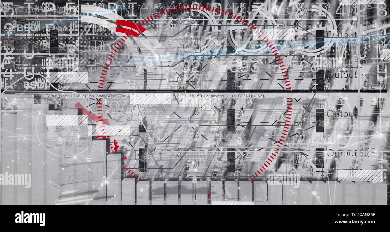 Image of round scanner and interface with data processing against grey background Stock Photo ...