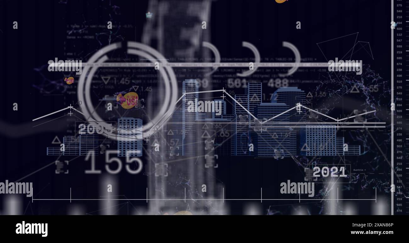 Image of data processing and social media icons against 3d tall ...