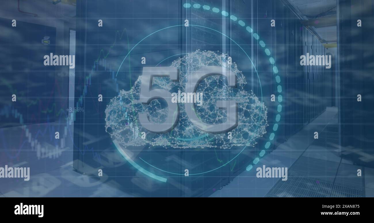 Image of 5g text over round scanner and cloud icons against computer server room Stock Photo - Alamy