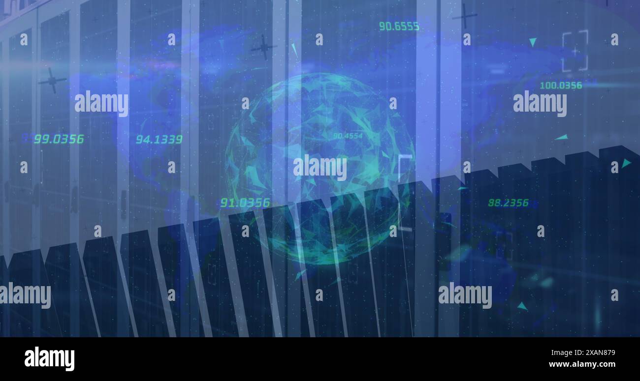 Image of globe rotating and multiple graphs with numbers over data server racks Stock Photo - Alamy