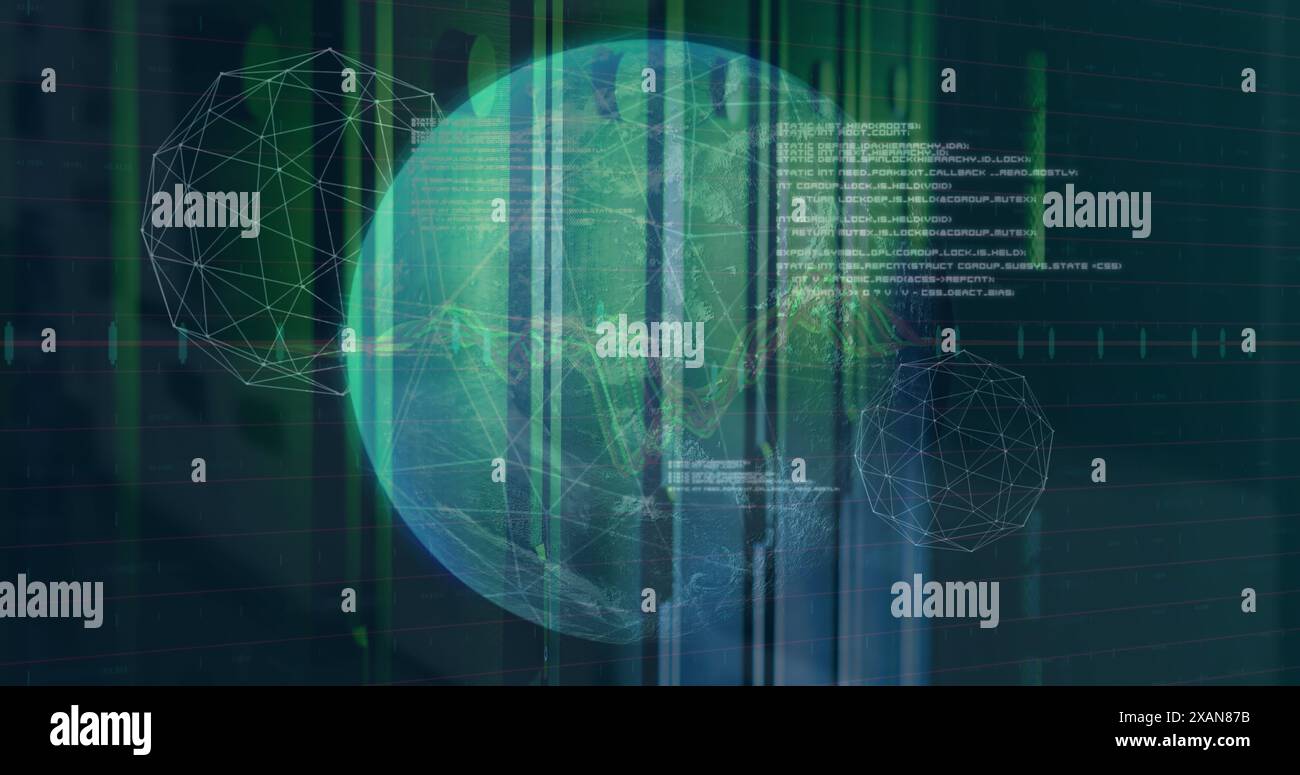 Image of connected dots forming globes, computer language, graphs over data server racks Stock ...
