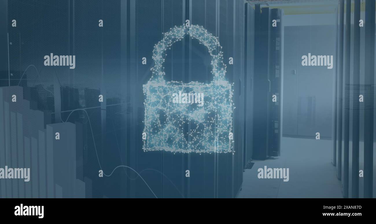 Image of connected dots forming lock and graphs over data server racks ...