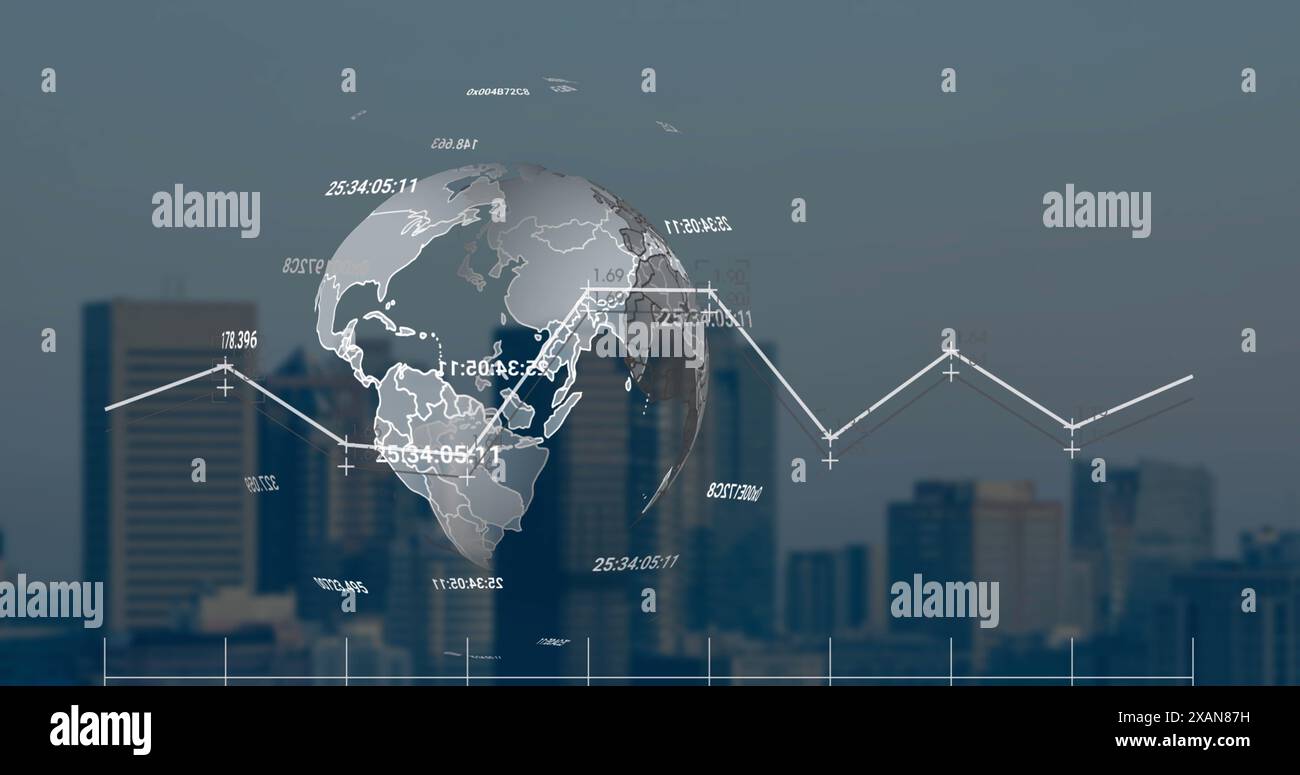 Image of statistical data processing and numbers over spinning globe against tall buildings ...