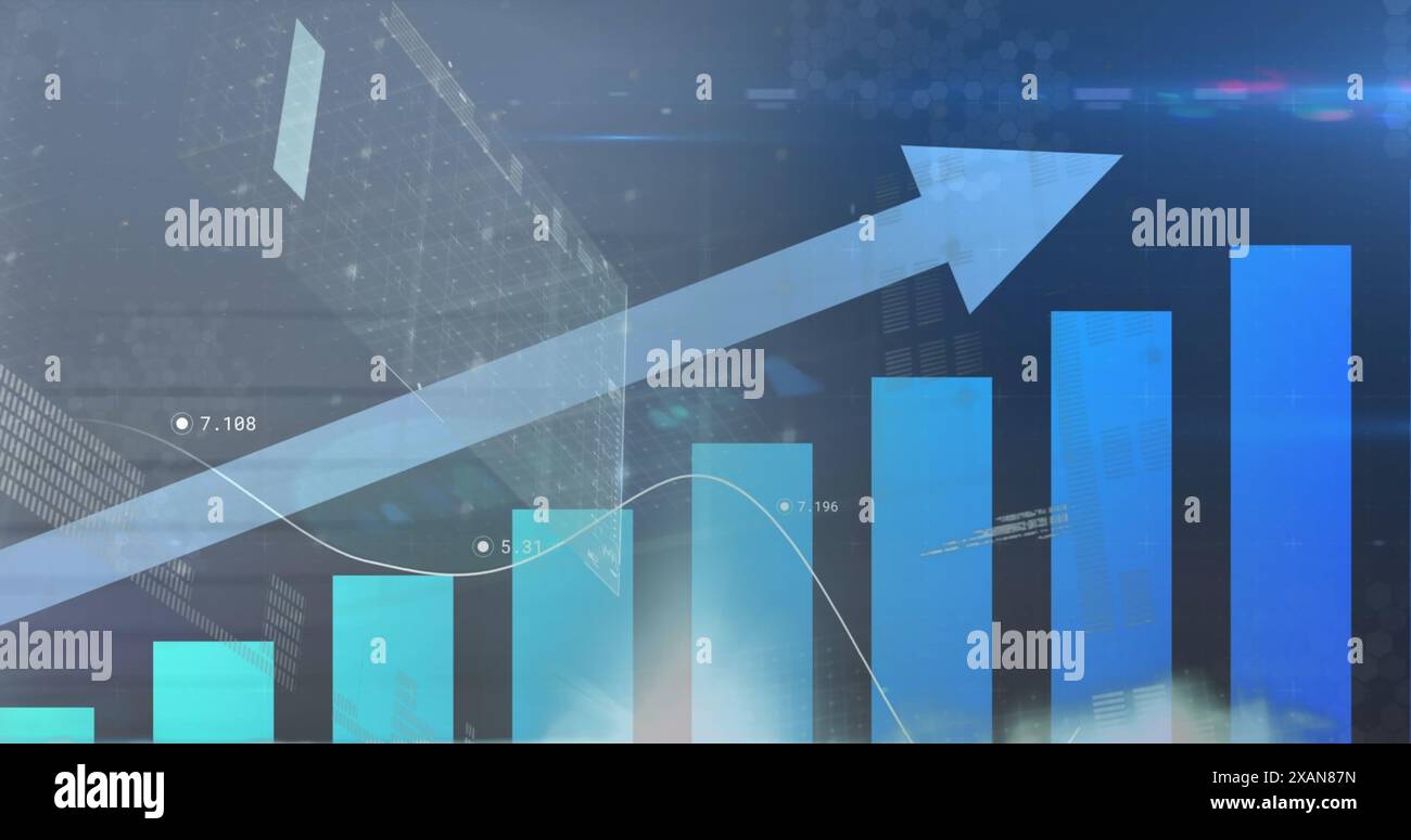 Image of statistical data processing and light spots against blue ...