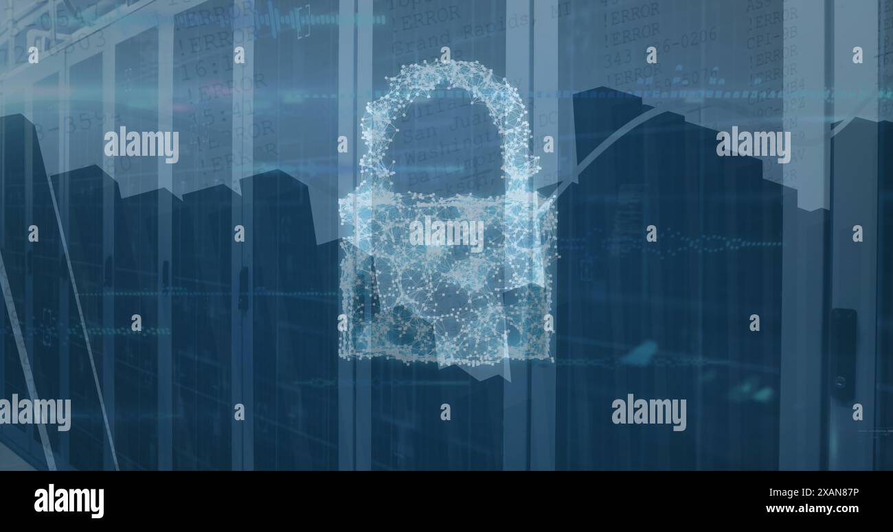 Image Of Cyber Security Concept Icons And Statistical Data Processing Against Server Room Stock