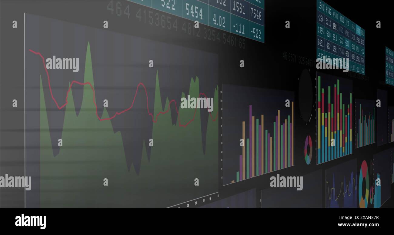Image of multiple screens with statistical data processing against grey background Stock Photo ...