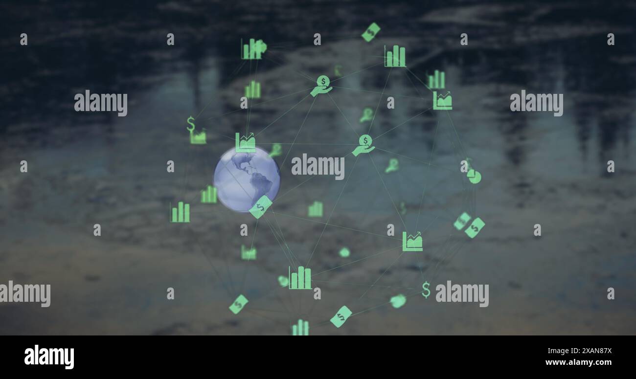 Image of network of digital icons over spinning globe against grey ...