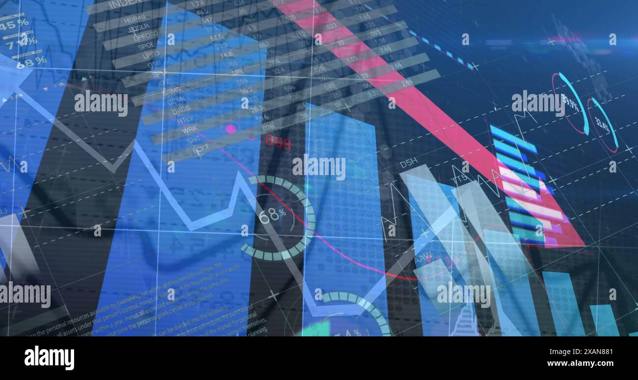 Image of statistical data processing against blue background Stock ...
