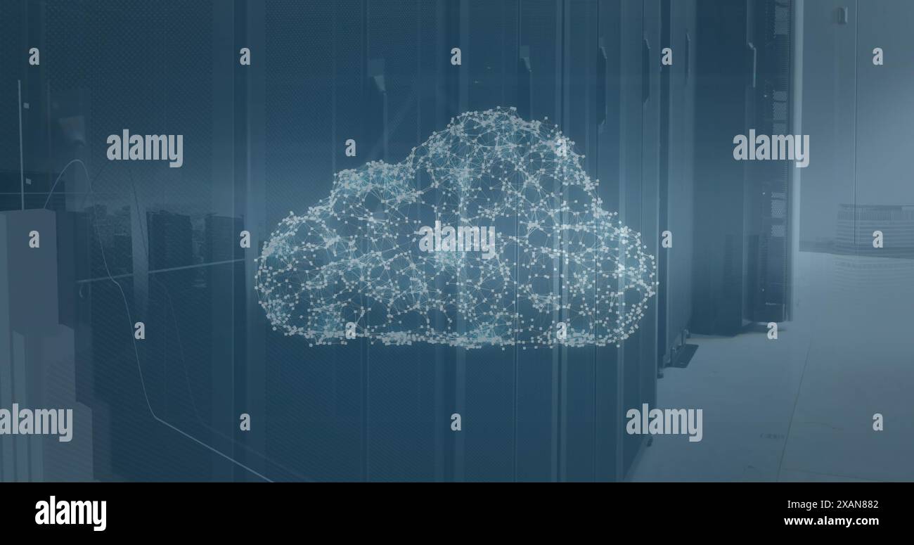 Image of connected dots forming cloud and graphs over data server racks ...